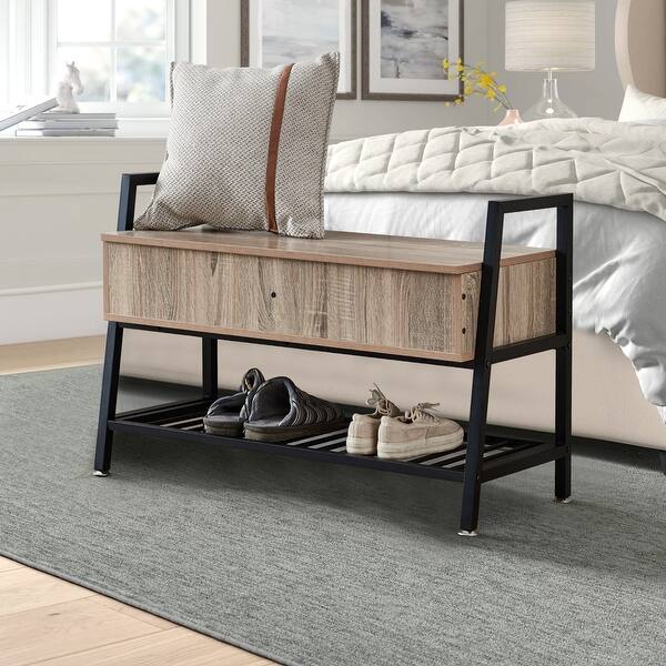 Flip Top Entryway Bench Seat Light Brown Shoe Storage Bench Metal and ...
