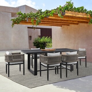 Alegria Outdoor Patio 7-Piece Dining Table Set in Aluminum with Grey Rope and Cushions - Bed ...