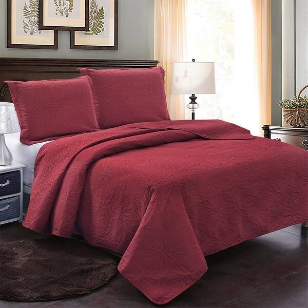 3 Piece Quilt Set Ultra Soft Elegant Embroidered King Burgundy - Bed ...