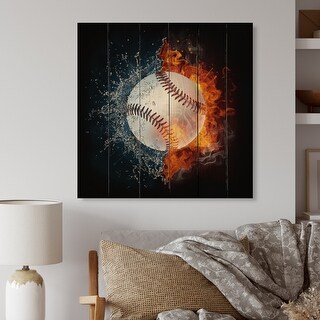 Designart 'Fire Sport Baseball Ball II' Modern Wood Wall Art - Natural ...
