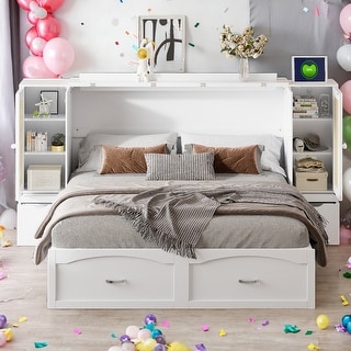 Queen Size Pulley Murphy Bed with Drawer & 2-Storage Cabinets, Rattan ...