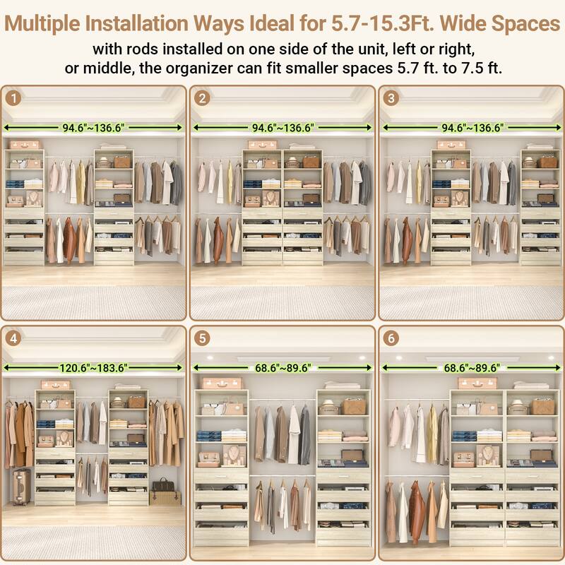 Set of 2 Closet System with Wooden Drawers ＆ Hanging Rods, Walk-in ...