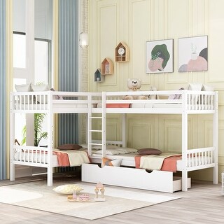 White Twin L-shaped Bunk Bed with Drawers and High Quality Solid Pine ...