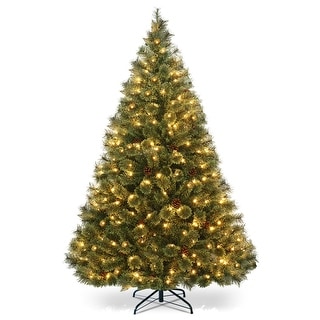 Gymax 6FT Pre-lit Flowering Artificial Green Hinged Christmas Tree PVC ...