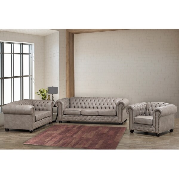 Heston Tufted Light Grey Faux Leather Chesterfield Sofa Pewter