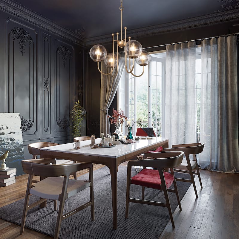 Modern Gold 4-light Chandelier Orb Glass Curve-arm Ceiling Lights for Dining Room - D21.5'' x ...