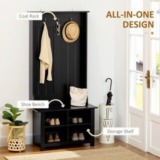 Black Hall Tree with Shoe Storage Bench, Entryway Bench with Coat Rack ...