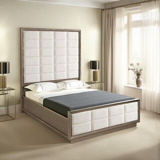 Lyni Queen Bed, Grid Tufted Headboard, Ivory Upholstery, Oak Brown ...