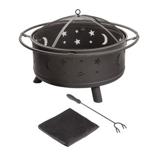 30-inch Round Star and Moon Firepit Includes Screen, Cover, Log Poker ...
