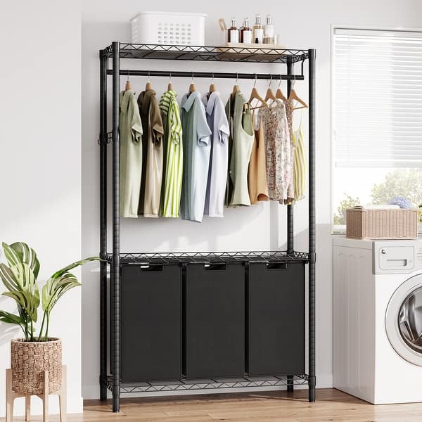 Laundry Hamper Sorter with Garment Rack Hanging Rod Storage Shelf - Bed ...