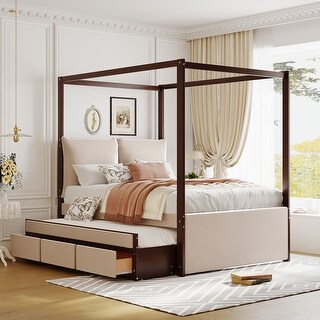 Full Size Canopy Platform Bed, Upholstered Canopy Bed with Trundle and ...