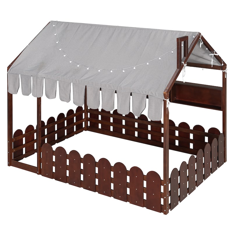 Roomfitters Full Wood Montessori House Bed, Fabric Tent & String Lights ...