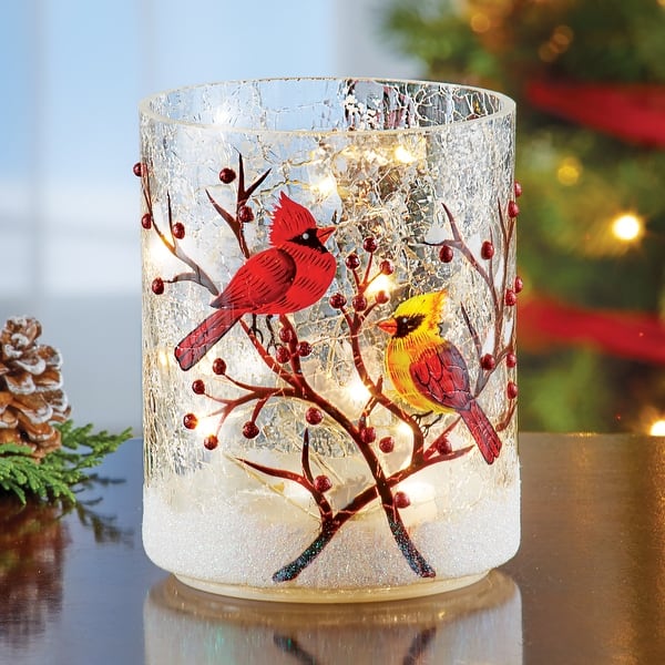 Hand Painted LED Lighted Cardinals Glass Tabletop Hurricane - Clear ...