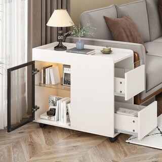 Multifunctional End Table with Transparent Glass Door, 2 Storage ...