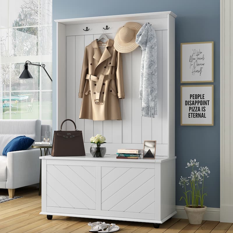 White Wood Entryway Hall Tree with Storage Bench - Overstock - 35729949