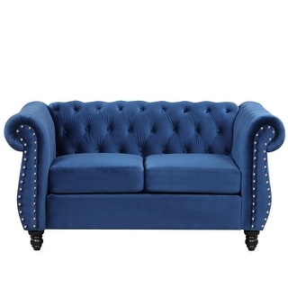 2 Seater Tufted Couch, Blue Velvet Loveseat Sofa w/ Nailheads Armrest ...