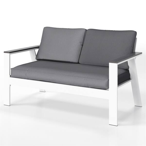 Modern 2-Seat Outdoor Sofa Couch with Wood Grain Finish Arm - Bed Bath ...