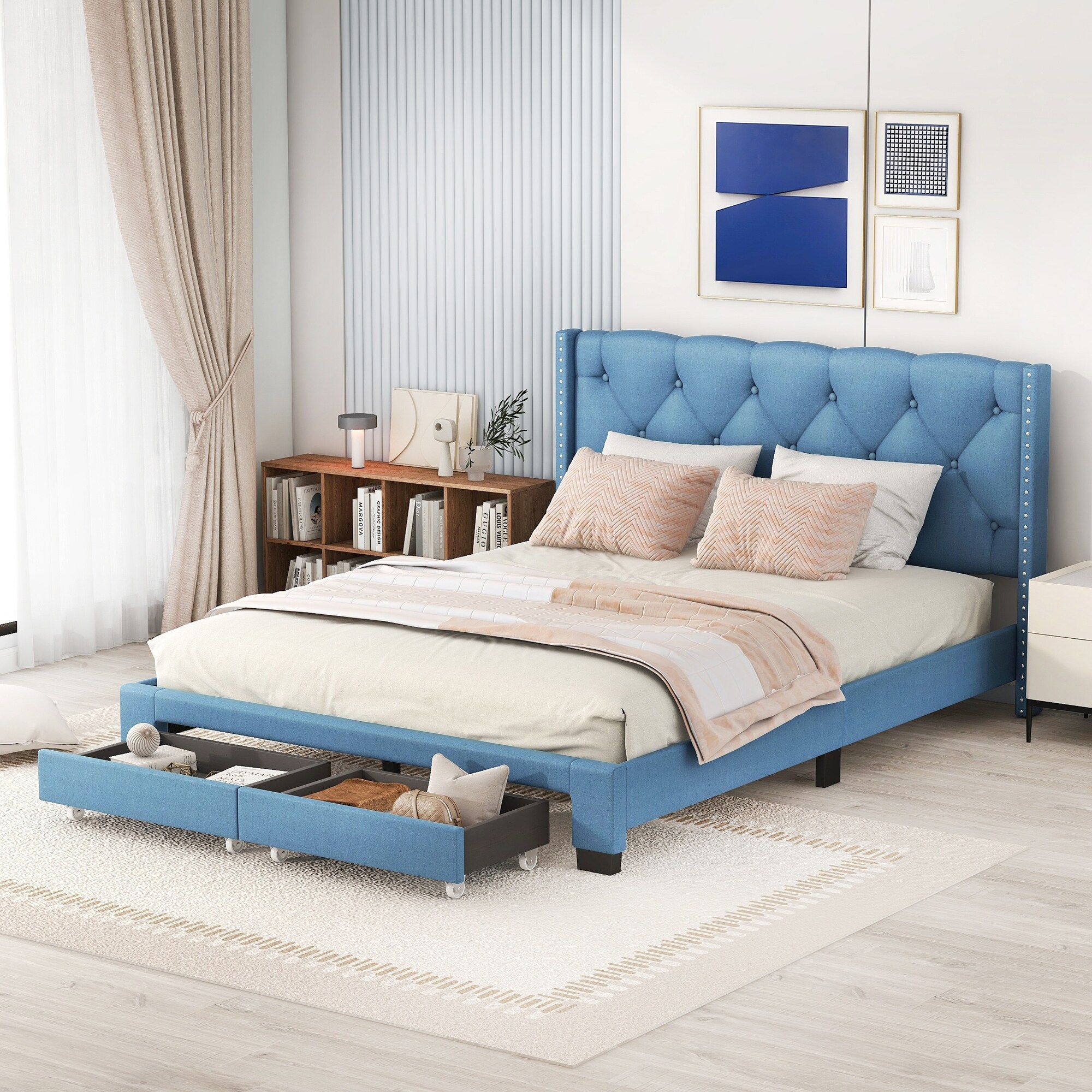 Blue bed frame with storage store