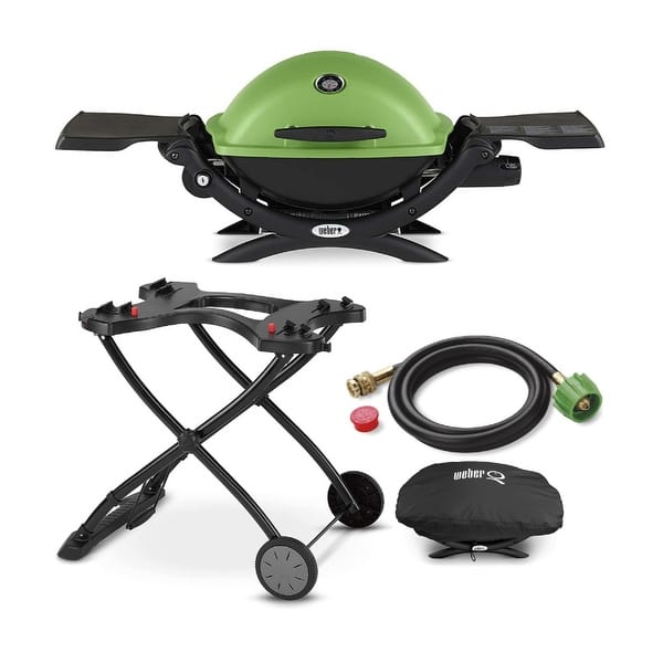 Weber Q 1200 Liquid Propane Grill (Green) with Portable Cart Bundle ...