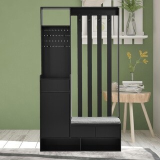 Hall Tree Storage Unit with Seating Bench Cabinet, Pegboard, and Coat ...