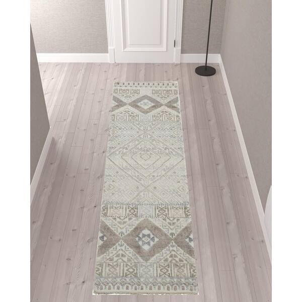 10' Gray Ivory And Pink Geometric Hand Knotted Runner Rug - 3'6" - Bed ...