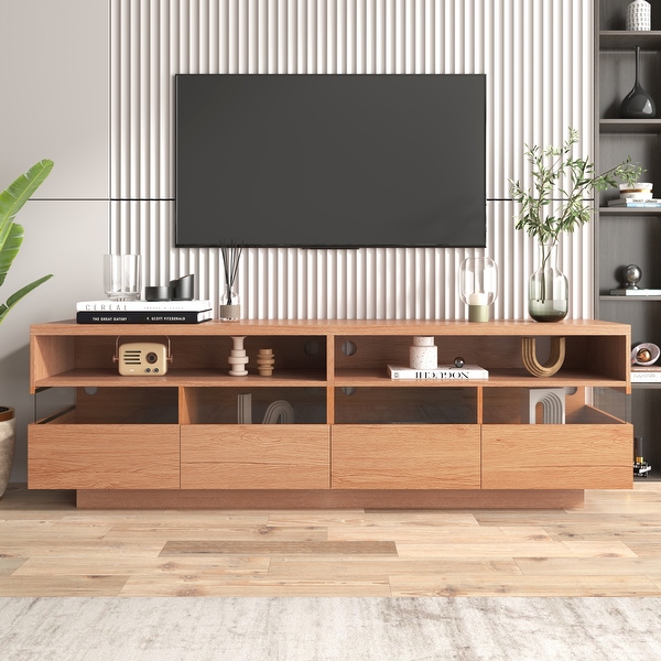 Modern TV Stand with 4 Drawers 2 Open Cabinets Acrylic Storage for TVs up to 75