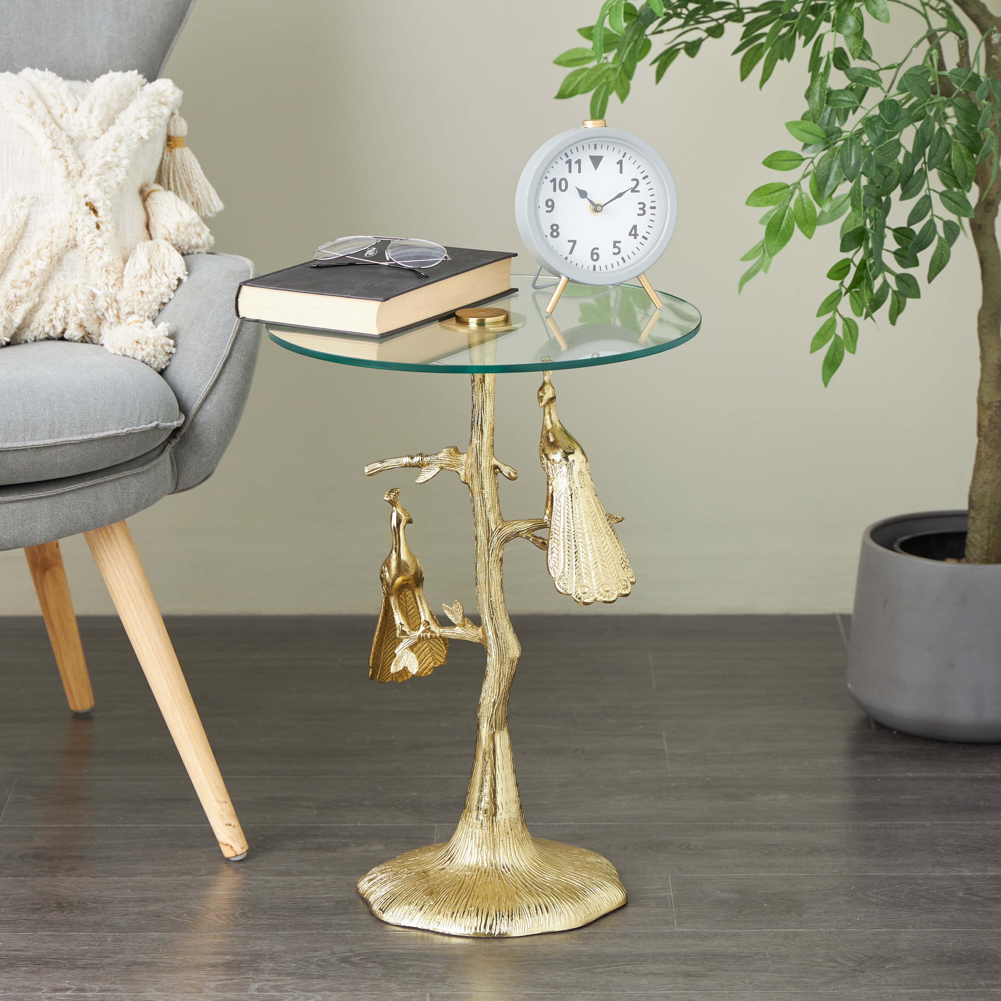 Gold Aluminum Textured Peacock Accent Table with Glass Tabletop