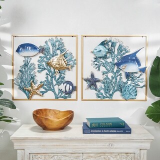 Blue Metal Fish Home Wall Decor with Gold Frames and Coral Background ...