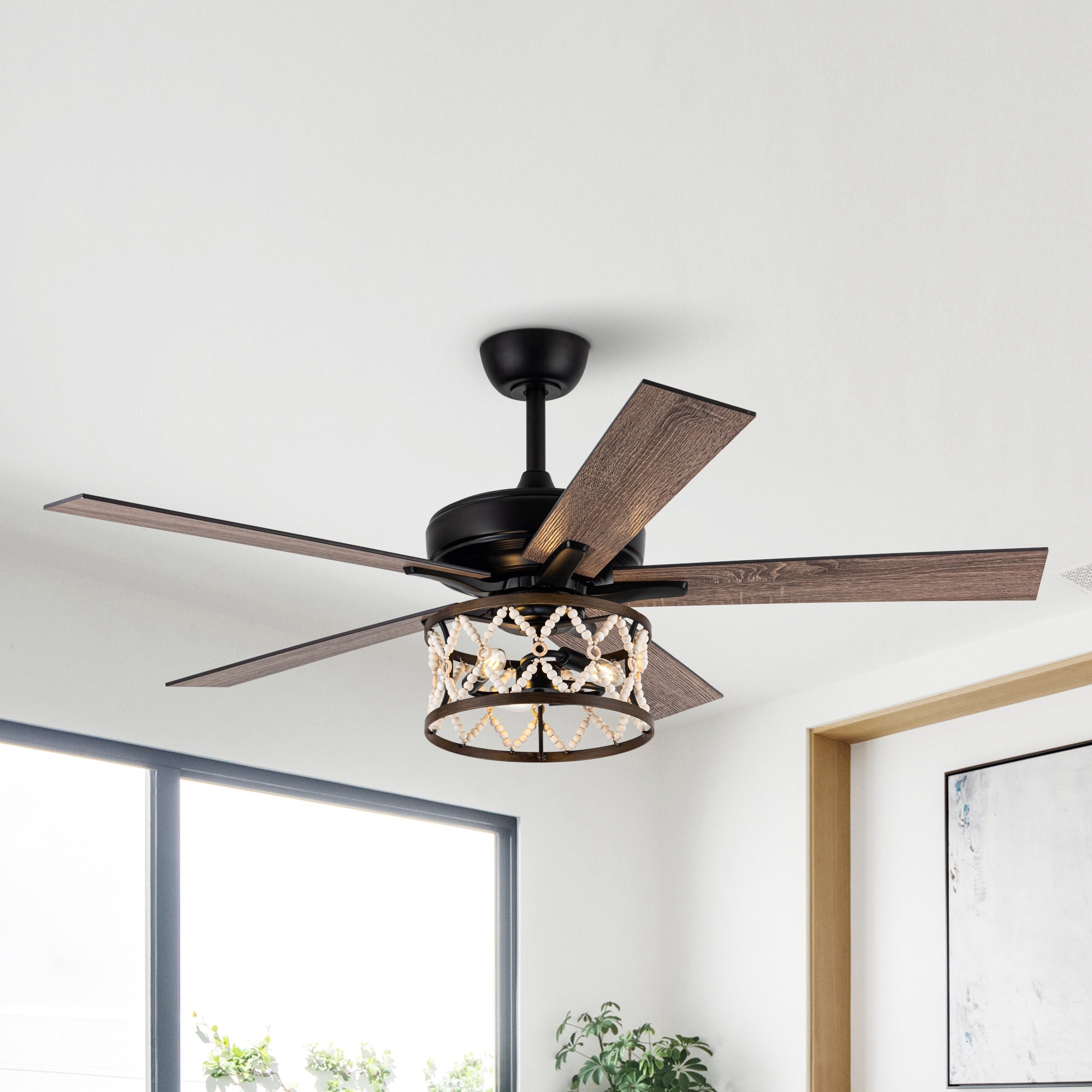 52-in Boho 5-Blade Sand Gold Reversible Cage Ceiling Fan with Remote ...