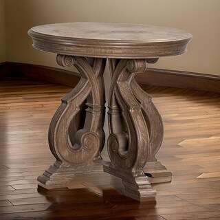 Gia Side End Table, 27 Inch Round Top, Carved Details, Brown Solid Wood ...