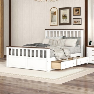 Solid Wood Platform Bed Frame Storage Bed with 2 Drawers-Full-White ...
