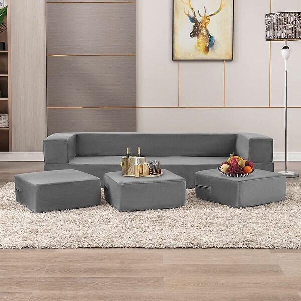 Mixoy Queen Convertible Velvet Futon Sofa Bed with 3 Ottomans Memory Foam Foldable Mattress Floor Couch Sofa On Sale Bed Bath Beyond 37234900