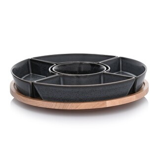 Five Section Rotating Serving Tray in Black with Wood Base - 11.8" x 11 ...