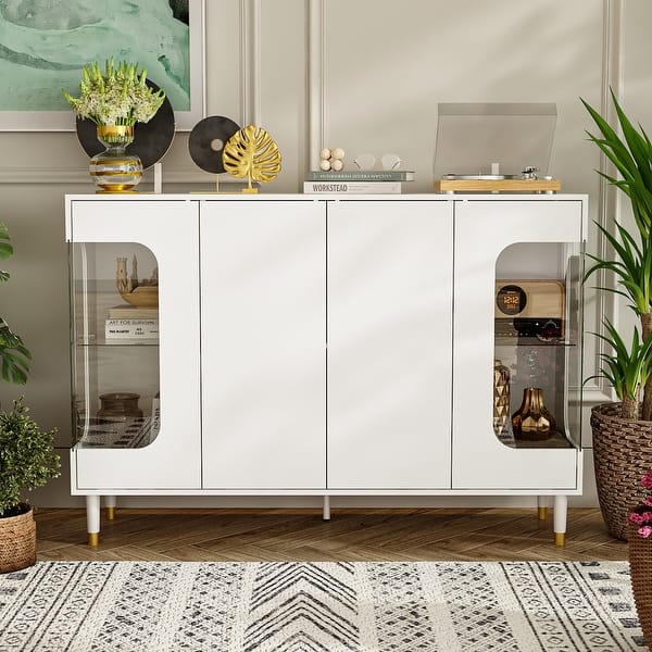 Sideboard Modern Glass Door Display Cabinet w/LED Lighting Buffet - 55. ...