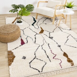 Bella Collection - Cream/Brown/Blue Abstract Plush Shag Area Rug - Bed ...