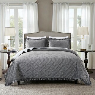 Velvet Quilt Set 2 Shams Unique Geometric Stitching King Dark Grey ...