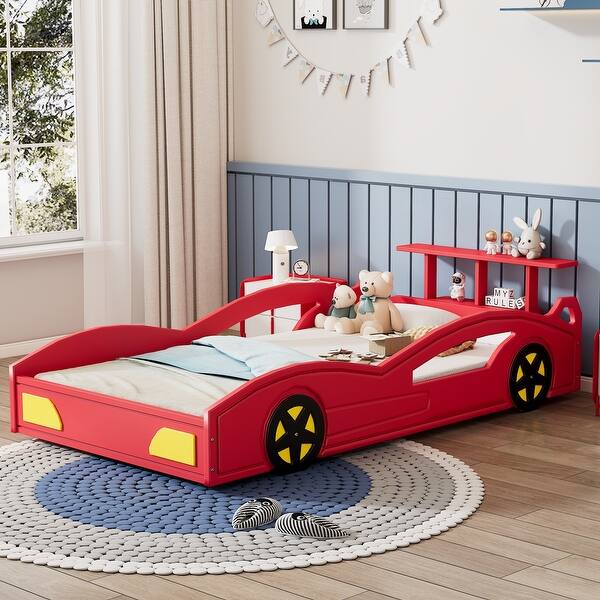Red Race Car Bed, Car-Shaped Platform Twin Bed w/ Wheels For Teens ...