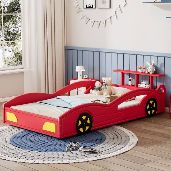 Wooden Kids Race Car Bed，Twin Size Race Car-Shaped Platform Bed with ...