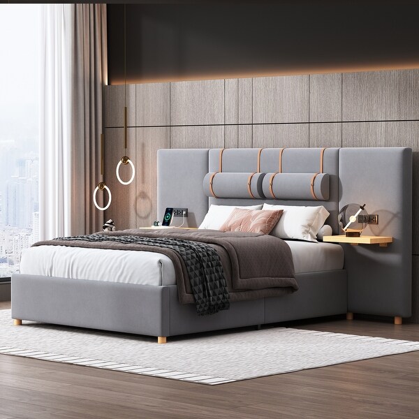 Upholstered Platform Bed with Big Headboard Velvet Grey Full