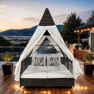 Outdoor Patio Lounge Bed with Backrest, Curtains, 4 Pillows, Cream ...