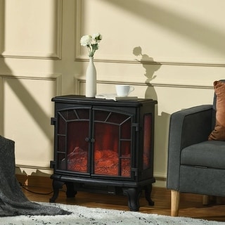 Black Remote Controlled Electric Fireplace Heater Realistic LED Flames ...