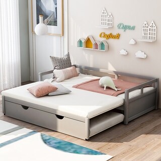Extendable Daybed with Trundle, Wooden Platform Sofa Bed, Twin to King ...