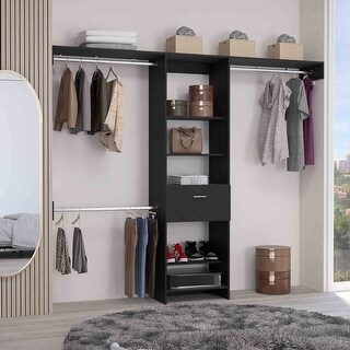 Black Closet System with 1 Drawer, 3 Metal Rods & 5 Open Shelves, 99.7 ...
