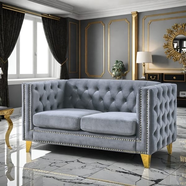 Velvet 2-Seat Sofa Buttons Tufted Couch for Living Room, Grey - Bed Bath & Beyond - 38859575