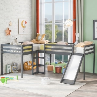 Contemporary L-Shaped Pine wood+MDF Loft Bed with Ladders and Slide ...