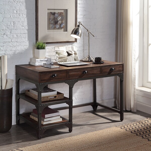 Writing Desk for Office Study Bedroom Espresso Oak Finish Antique Black Metal Bed Bath Beyond 36272608