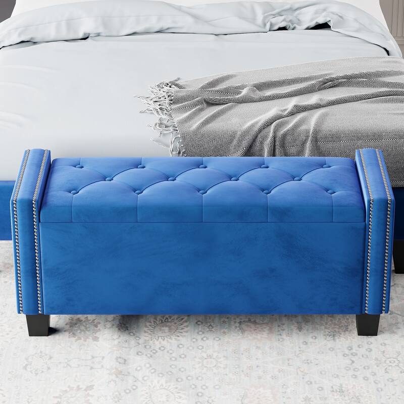 Velvet Upholstered Storage Ottoman Bench End Of Bed Bench With Rivet