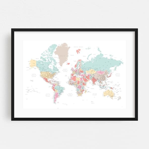 Pastels detailed world map with cities Maps US State Art Print/Poster ...