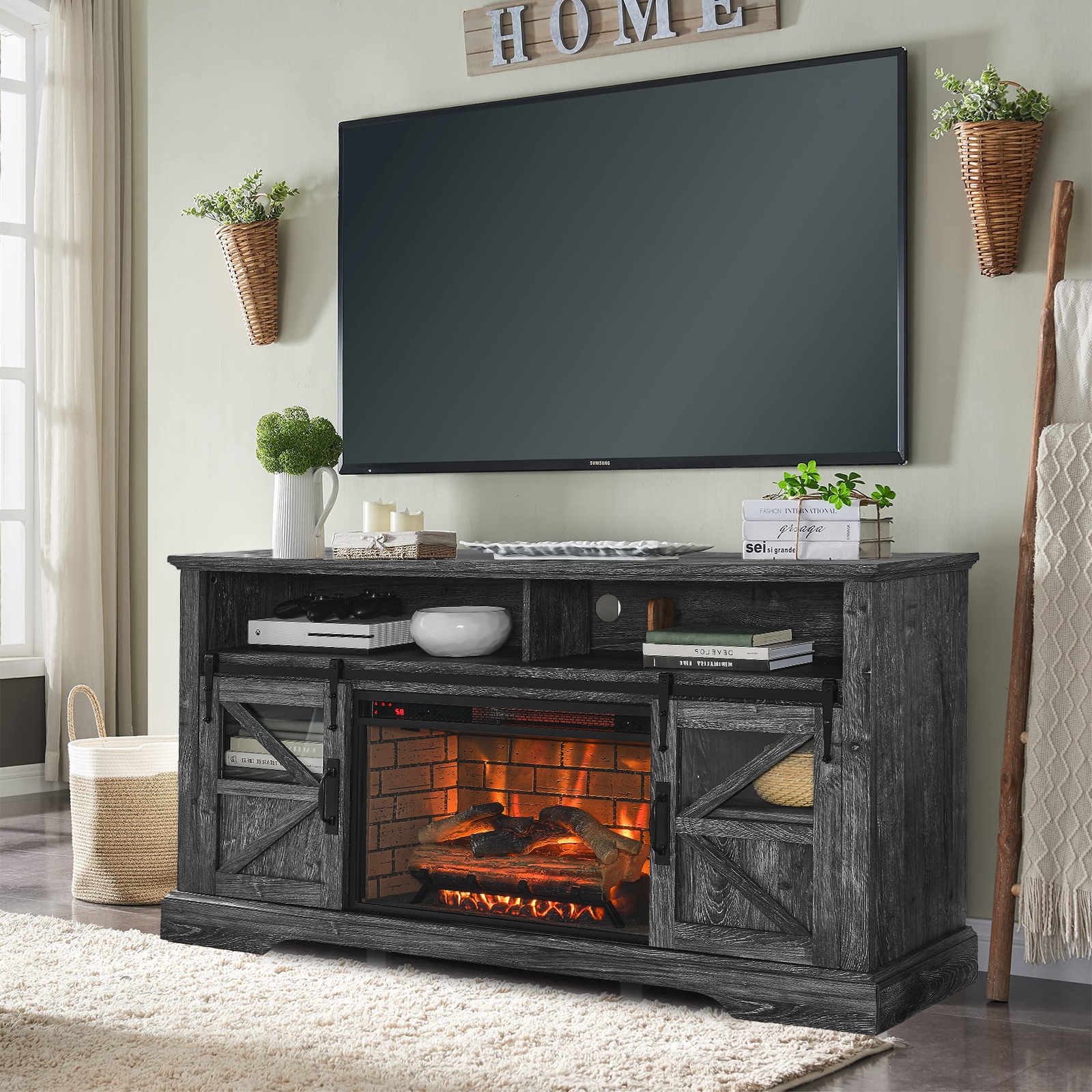 60 W Fireplace TV Stand with Sliding Barn Door Farmhouse TV Console 60 L x 15.75 W x 32 H