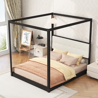King Size Canopy Platform Bed with Upholstered Headboard, Wood Floor ...